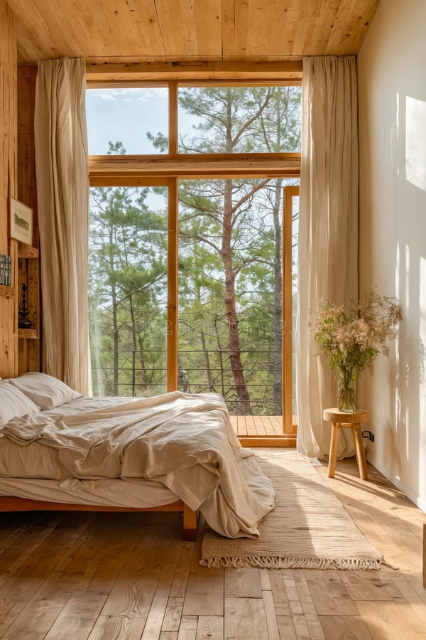 A Bedroom with a Bed and a Large Window with a View of the Trees ...
