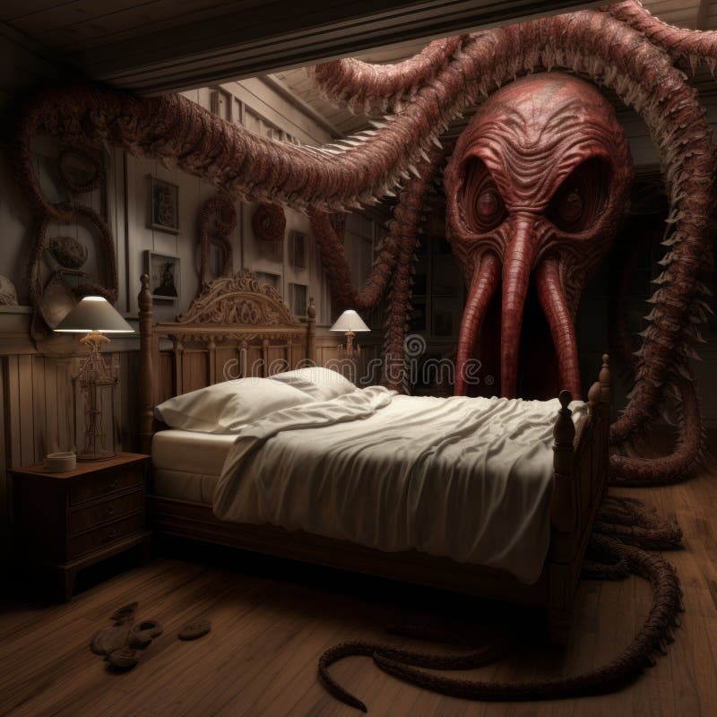 A Bedroom With A Bed And An Octopus In The Middle Of The Room Stock Illustration Illustration