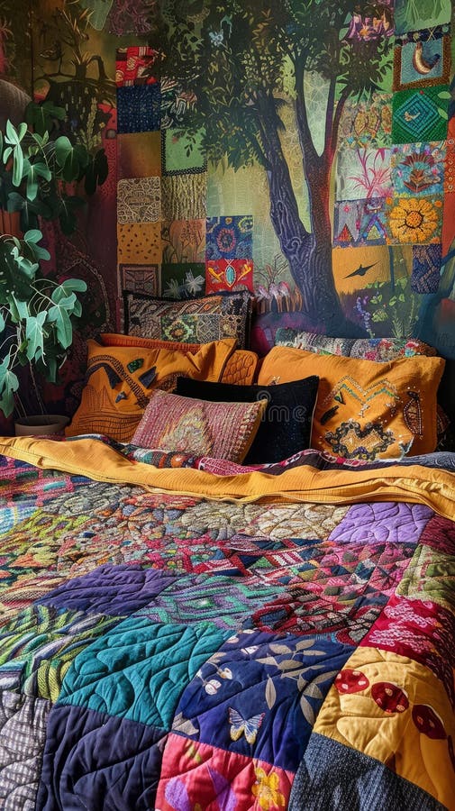 Bedroom with Bed with Patchwork Quilt, Colorful Patchwork Quilt Stock ...