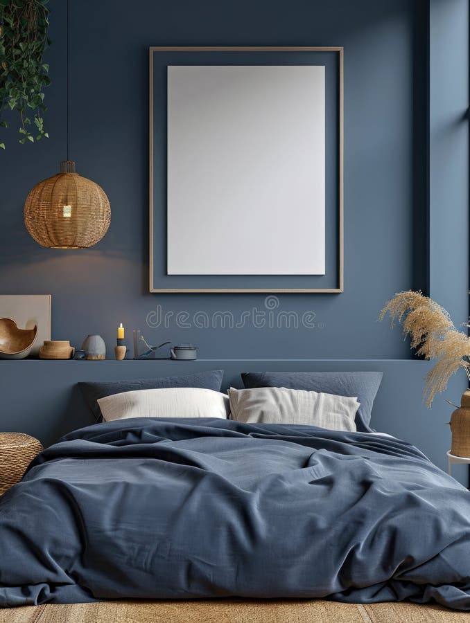A Bedroom with a Bed and a Picture Frame on the Wall, Frame Mockup with ...