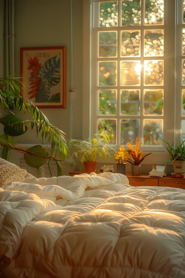 A Bedroom with a Bed , Plants and a Window with the Sun Shining through ...