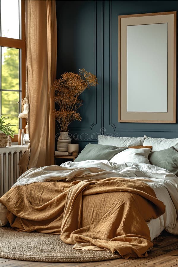 A Bedroom with a Bed, a Radiator and a Window, Frame Mockup with Copy ...