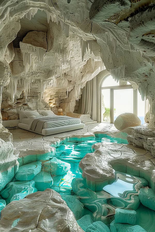 A Bedroom with a Bed and Water in the Cave Stock Photo - Image of ...