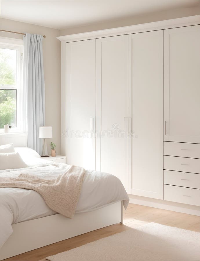 Bedroom with a Bed with a Window Behind and a Closet with Blank White ...