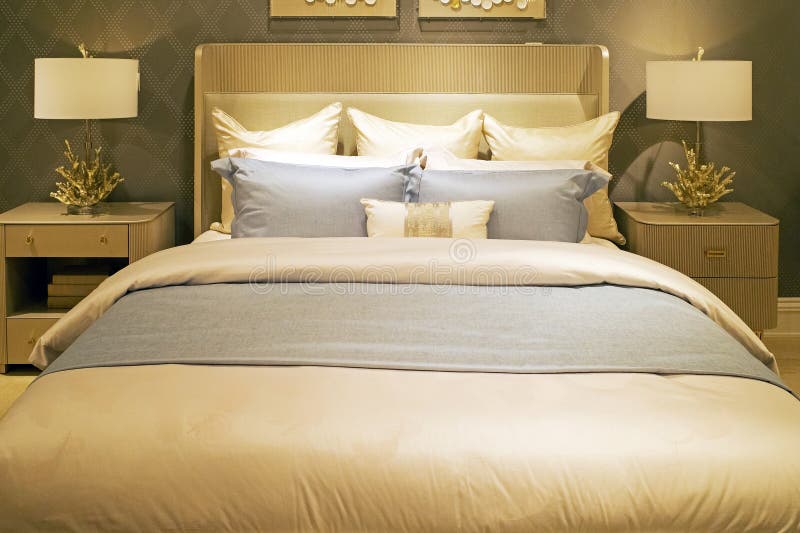 Bedroom with big bed stock image. Image of table, modern - 270910805