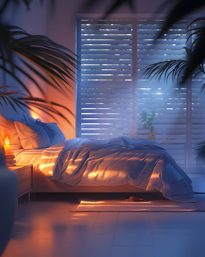 Bedroom with Blinds, Night Sky Visible through Window Stock Image ...