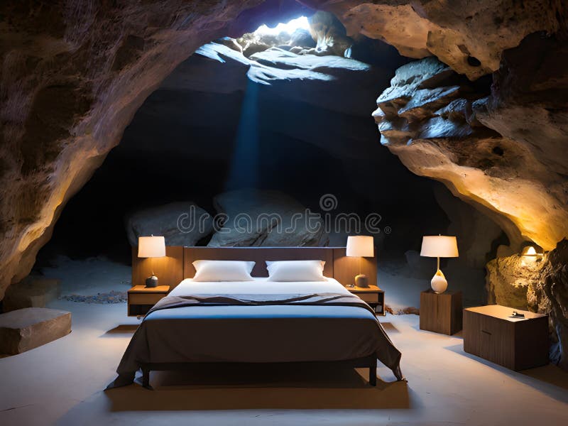 Bedroom in the cave stock illustration. Illustration of architecture ...