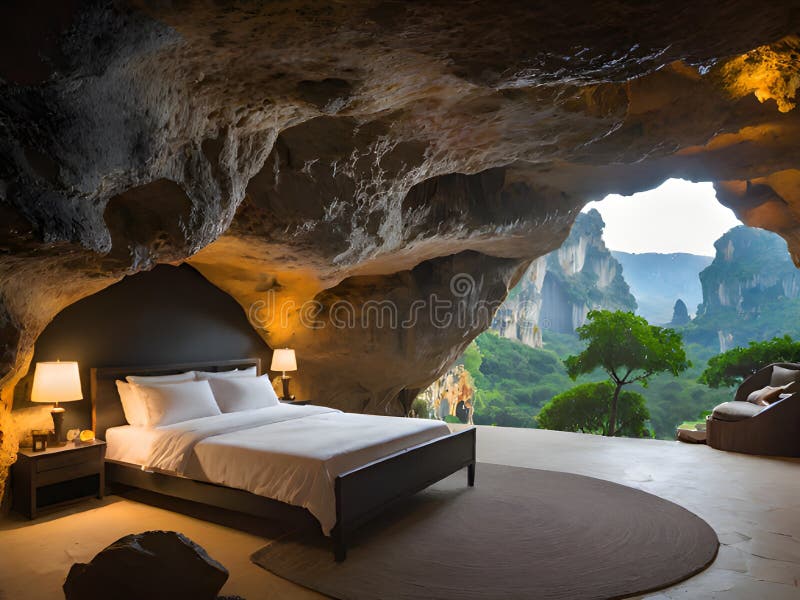 Bedroom in the cave stock illustration. Illustration of room - 304331457