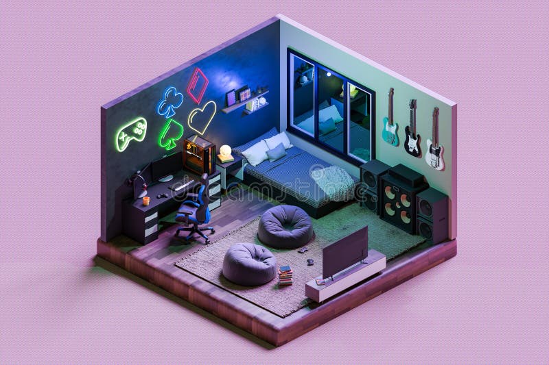 Bedroom Gamer Room with Neon Light. 3D Isometric Render Stock ...
