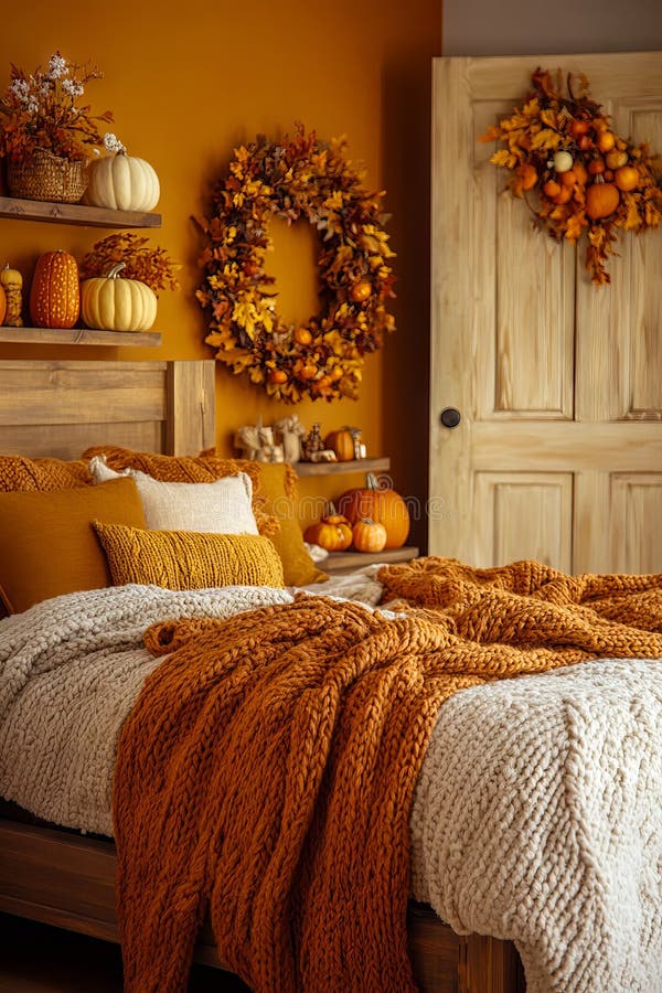 A Bedroom Decorated for Fall with a Wreath on the Wall Above the Bed ...