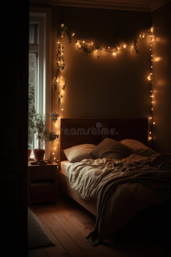 Bedroom Decorated with Strings of Fairy Lights, Created Using ...