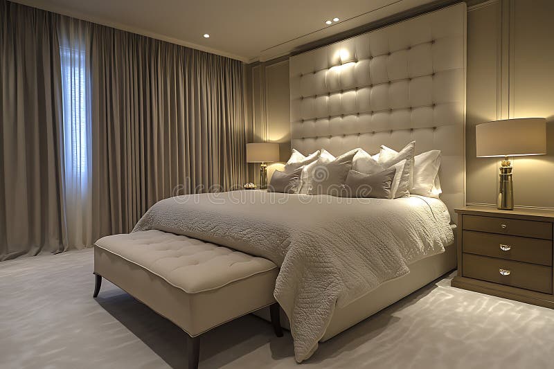 An Inviting Bedroom Showcasing a Luxurious Bed with a Tall, Tufted ...