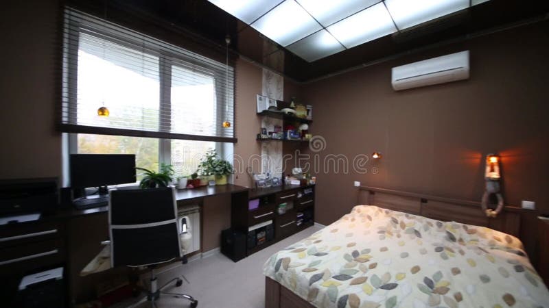Bedroom with Double Bed and Computer Table in Stock Video - Video of ...