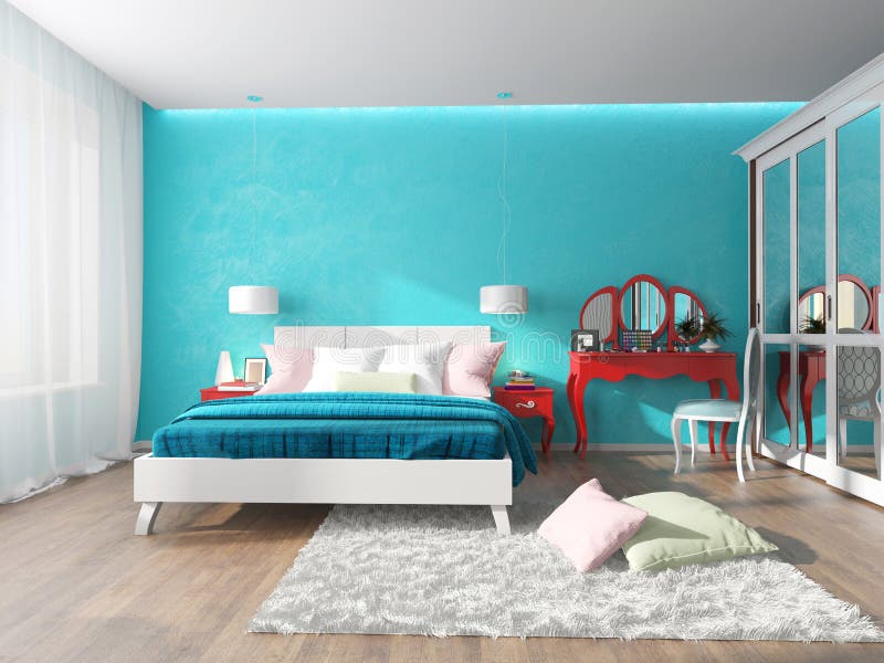 Bedroom With Turquoise Walls And Bedside Tables Stock Illustration ...