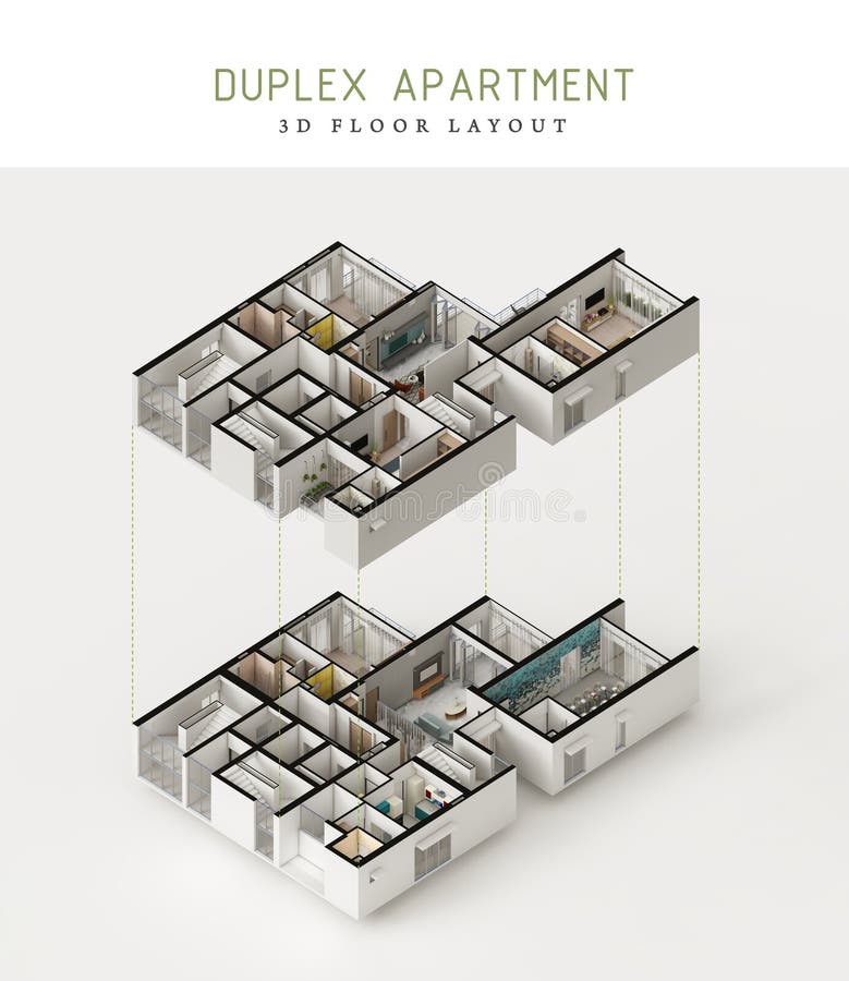 4 Bedroom Duplex Apartment Isometric View and 2d Plan 3d Rendering ...