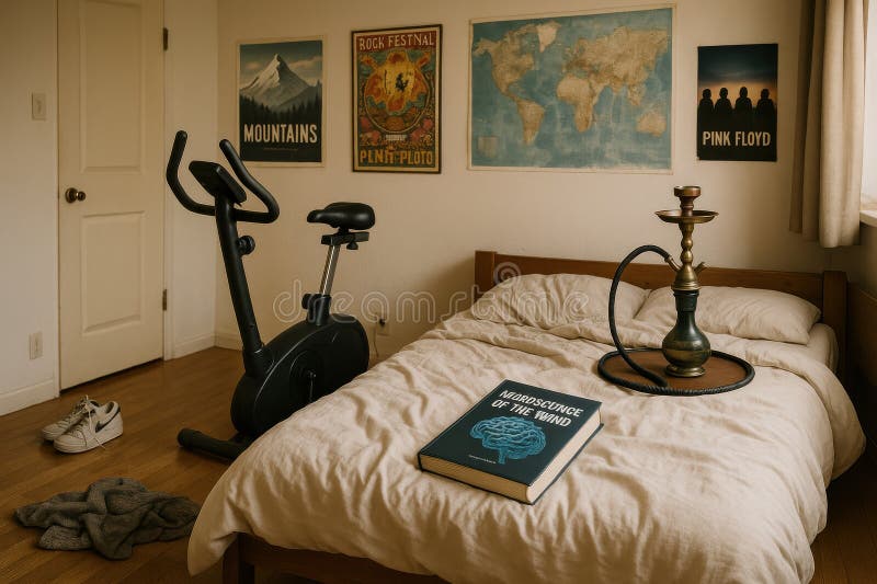 A Bedroom with Eclectic Decor Features a Hookah on the Bed, a Brain Book, Posters, Map, and ...
