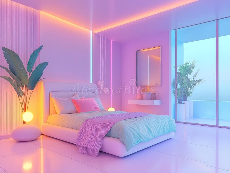 Neon Pastel Bedroom with Dramatic Lighting Stock Illustration ...