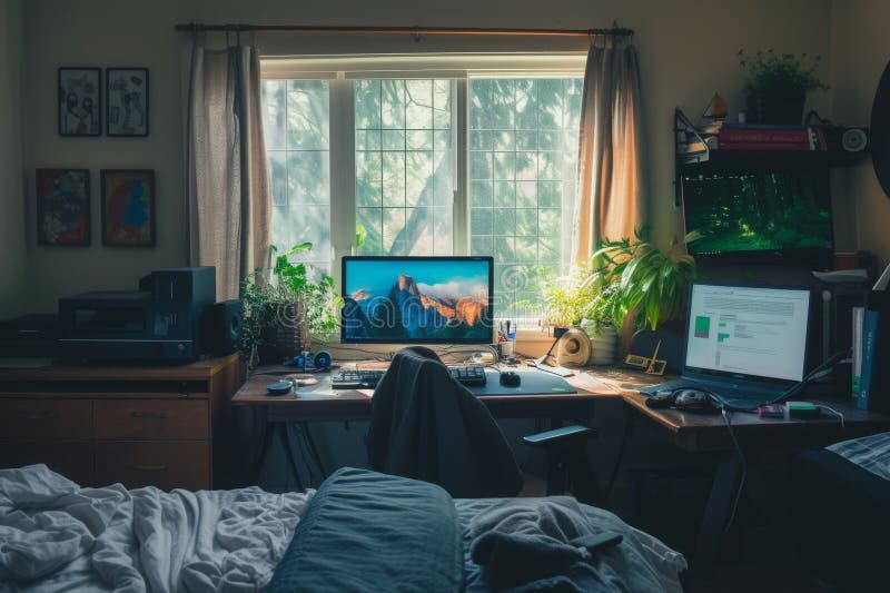 A Bedroom Featuring a Comfortable Bed and a Desk with a Computer for ...