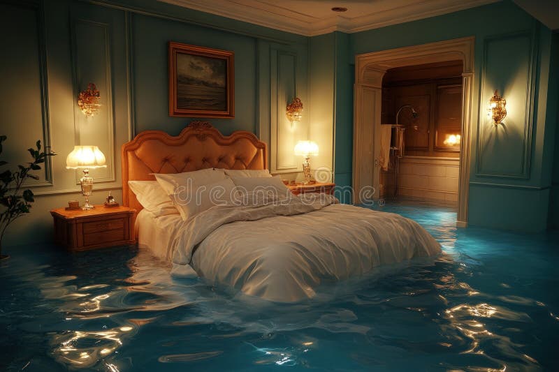 A Bedroom Flooded with Water, Dramatic and Intense, Disaster Scene Stock Photo - Image of pillow ...