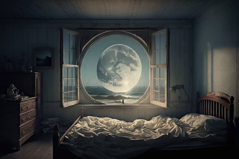 A Bedroom, with a Full Moon Shining through the Window and Onto the Bed ...