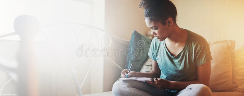 Bedroom, Girl and Student Writing Notes for Learning, Knowledge or ...