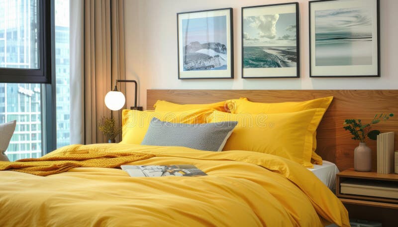 The Bedroom Has a Bed with Yellow Sheets and Pillows, Creating a Cozy ...