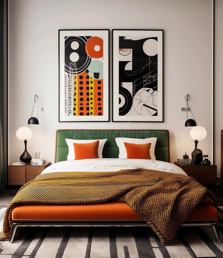 Bedroom Interior with Abstract Painting on the Wall Stock Photo - Image ...