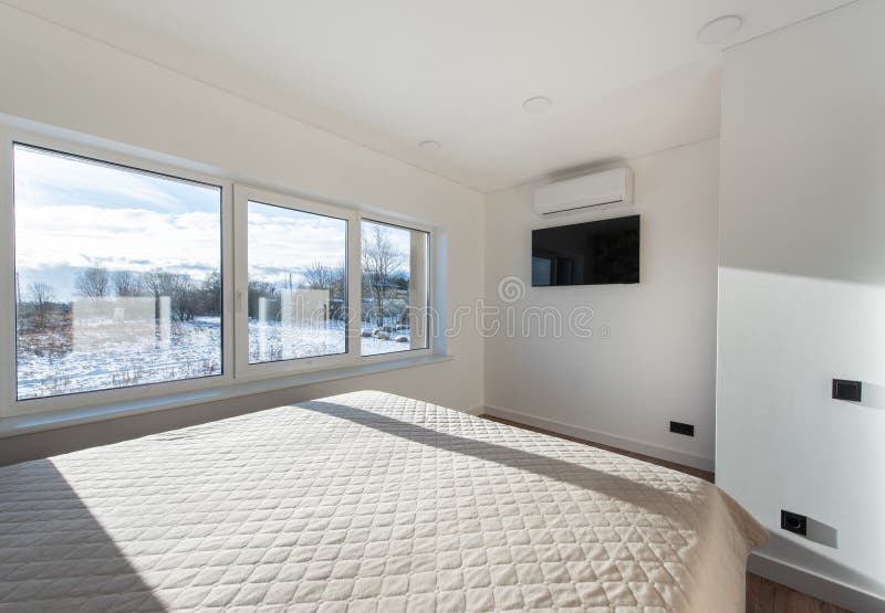 Bedroom Interior. Beautiful Sunlight. King Size Bed and Windows Stock ...
