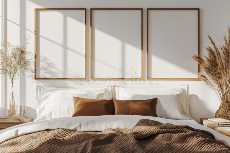 Bedroom Interior with Bed, Decoration, and Mockup Frames. Stock ...