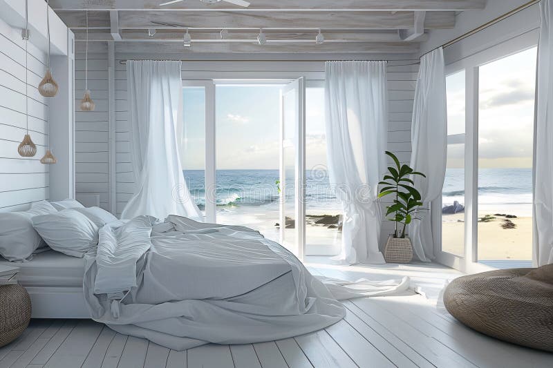 Bedroom Interior with Big Bed and Beautiful Sea View Stock Illustration ...
