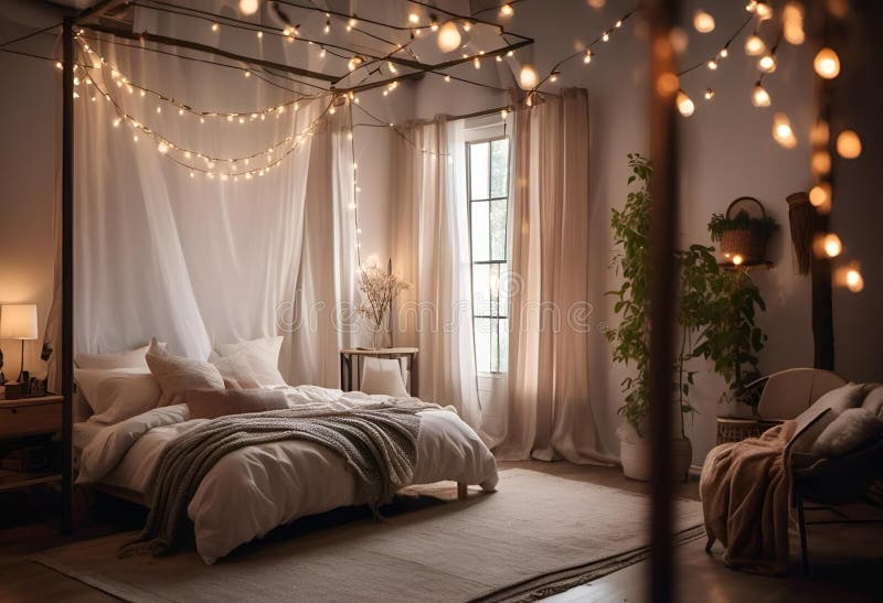 Bedroom Interior with a Canopy Bed, String Lights, and Soft Drapes ...