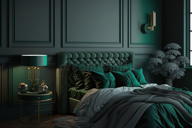 Bedroom Interior in Dark Green Style, 3d Rendering Stock Illustration ...