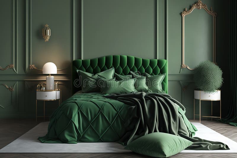 Bed with Green Bedding Near White Wall with Black Wainscoting and ...