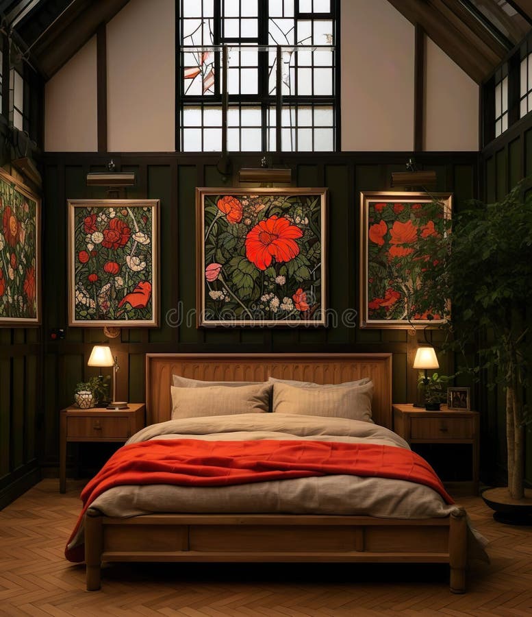 Bedroom Interior with Flower Painting on the Wall Stock Image - Image ...