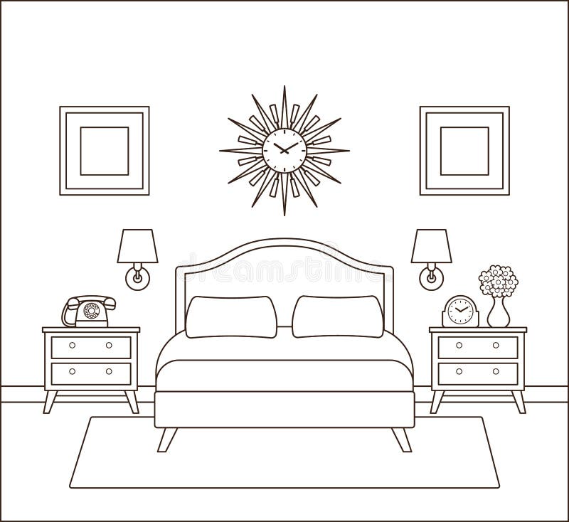 Bedroom Interior Hotel Room With Double Bed Vector Illustration