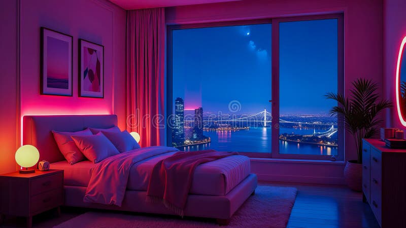 Bedroom Interior with Large Window and Night Cityscape with Neon Lights ...