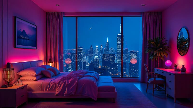 Bedroom Interior with Large Window and Night Cityscape with Neon Lights ...