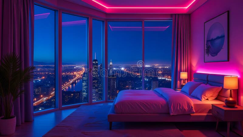 Bedroom Interior with Large Window and Night Cityscape with Neon Lights ...