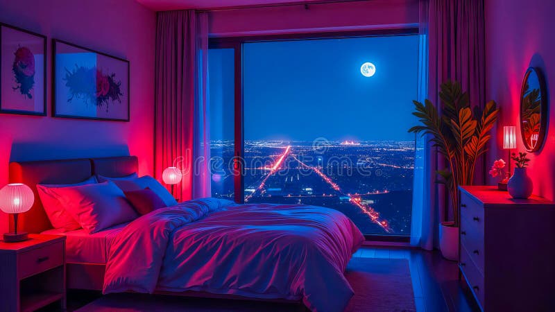 Bedroom Interior with Large Window and Night Cityscape with Neon Lights ...