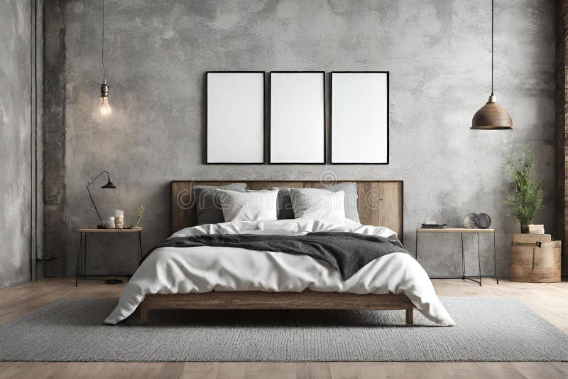 Bedroom Interior in Loft, Industrial Style, Frame Mockup, 3d Rende ...