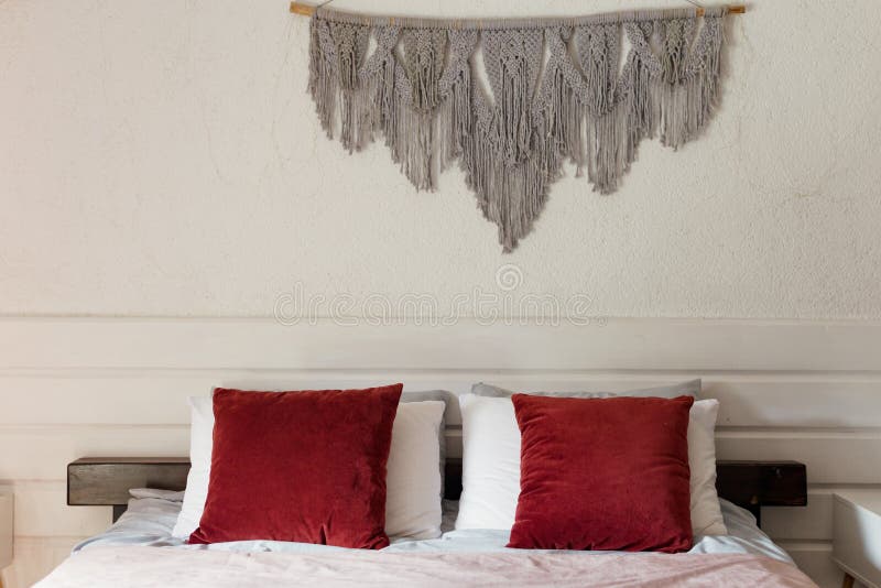 Bedroom Interior with Macrame Decoration Stock Image - Image of cushion ...
