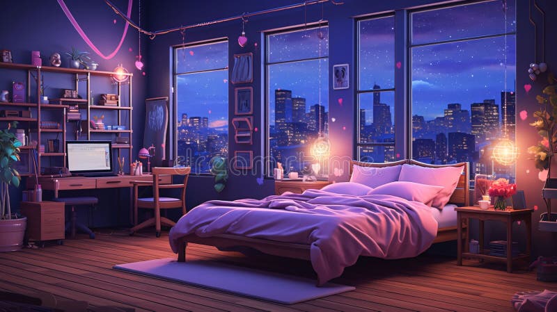 Bedroom Interior with Night City View, 3d Rendering. Computer Digital ...