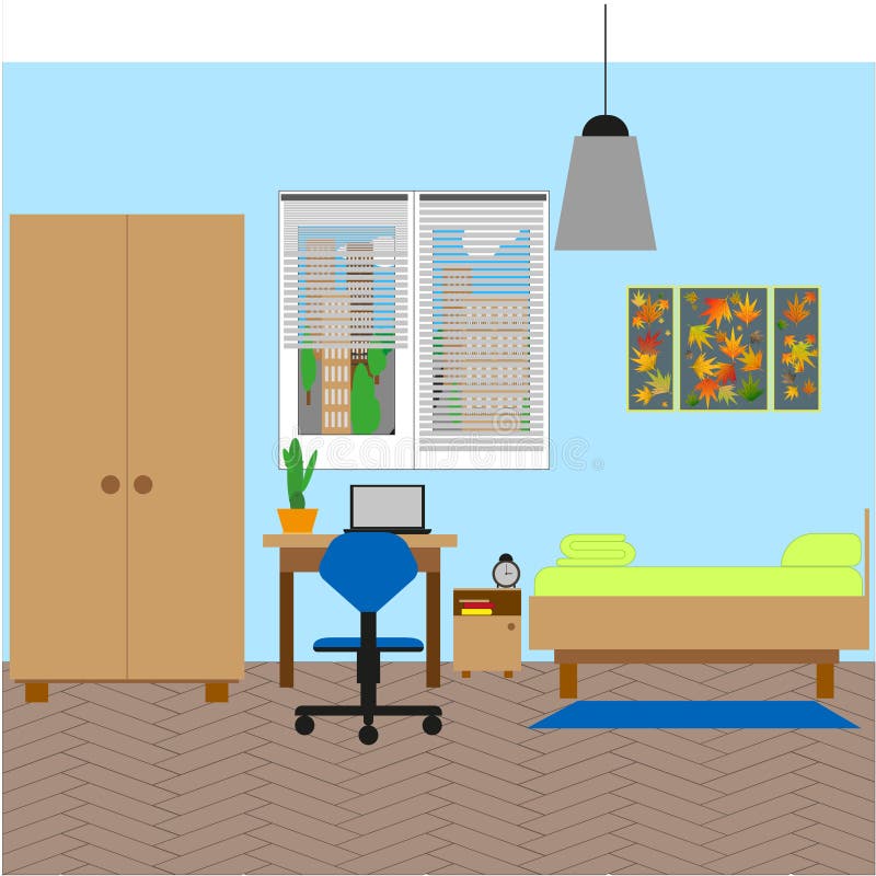 Bedroom Interior with a Single Bed. Vector Illustration Stock Vector ...