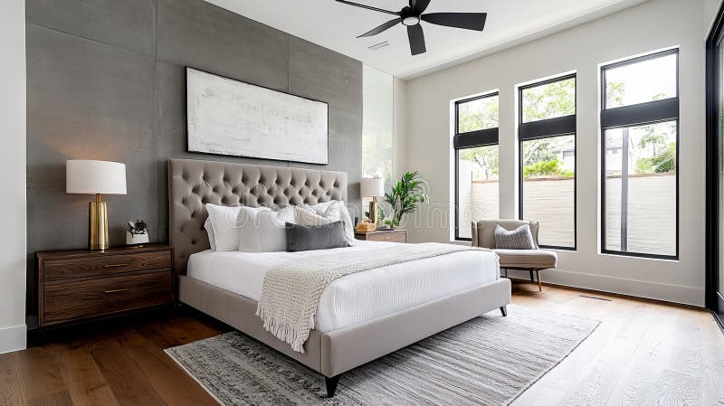 A Bedroom with a Large Bed and a Ceiling Fan Stock Image - Image of ...