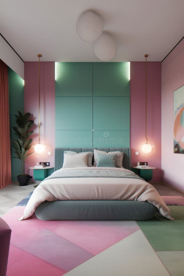 A Bedroom with a Large Bed and a Colorful Rug. Generative AI Image ...