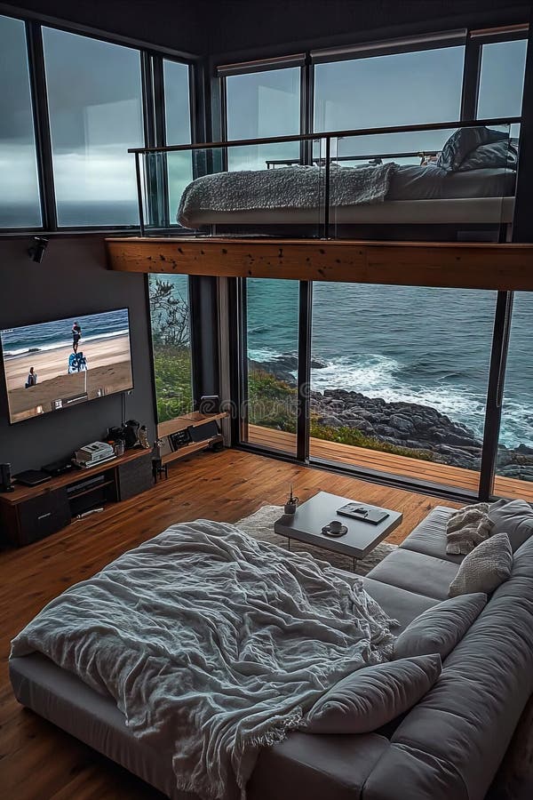 A Bedroom with a Large Bed and a Flat Screen Television in it Stock ...