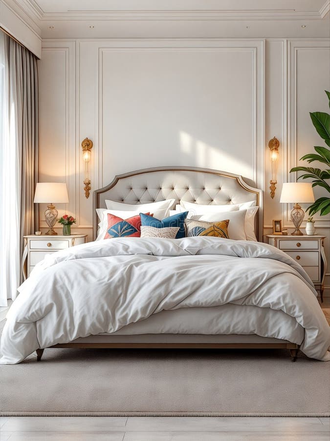 Bedroom with a Large Bed and a Headboard with a Tufted Design Stock ...