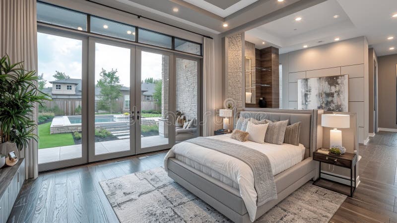 A Bedroom with a Large Bed and Sliding Glass Doors, AI Stock Photo ...