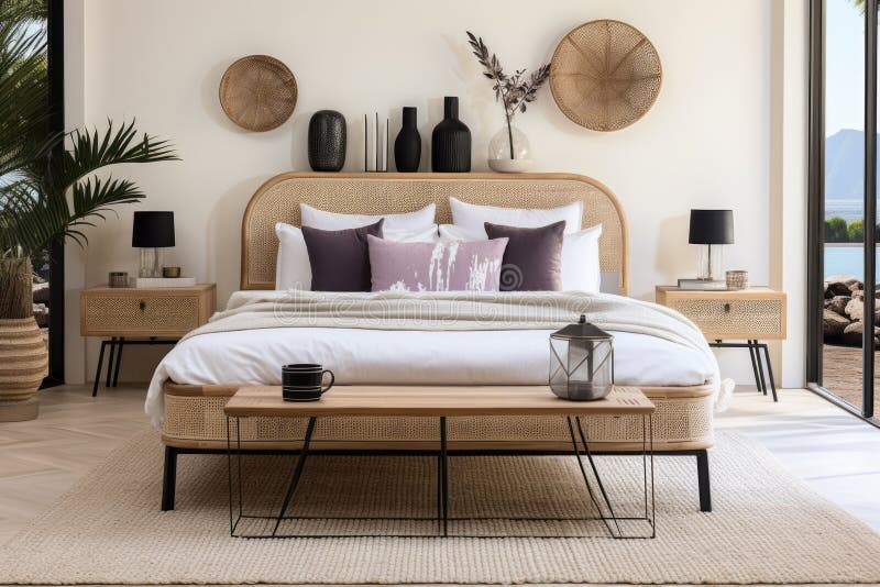 A Bedroom with a Large Bed and a Table Stock Image - Image of wood ...