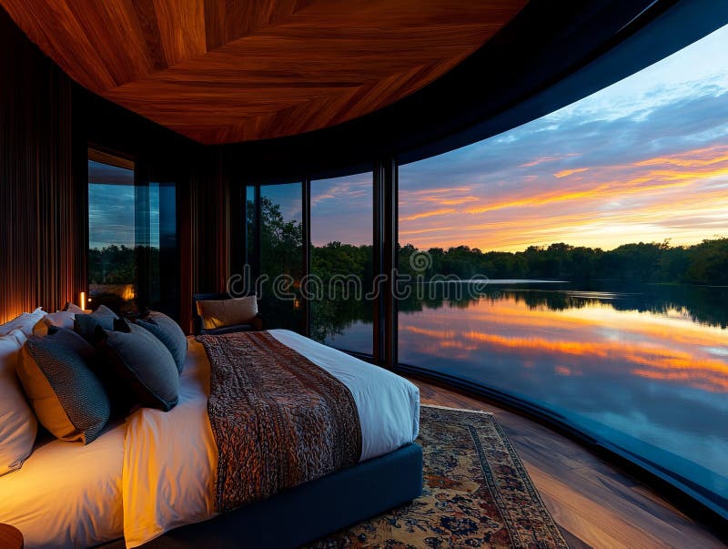 A Bedroom with a Large Bed and a View of a Lake Stock Photo - Image of ...